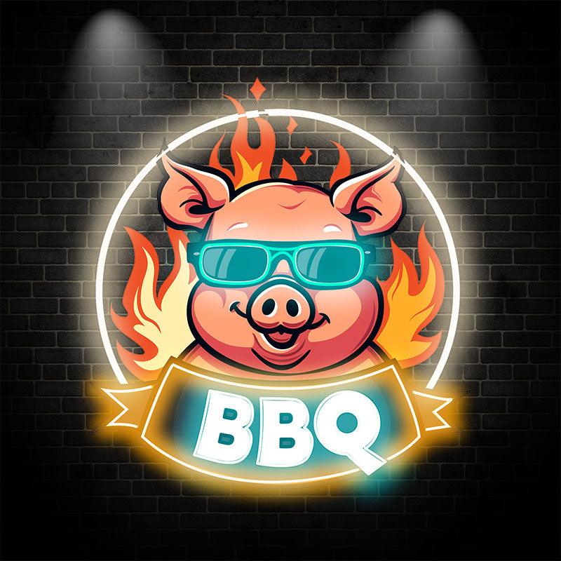 Wild Hog Barbecue Feast: neon signs A Tasty Time Under the Circular Li