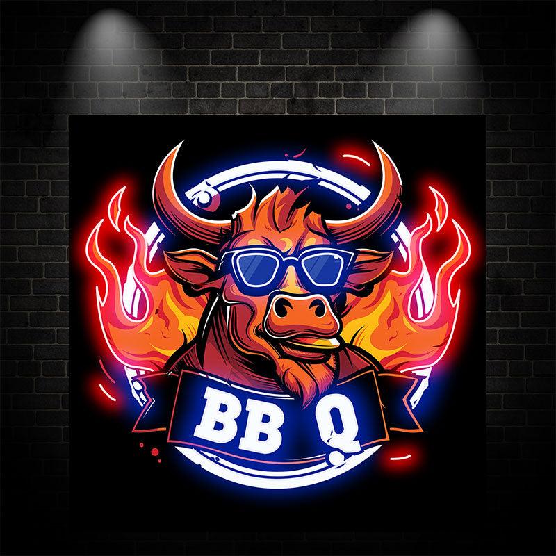 Handsome bull wearing sunglasses barbecuing neon signs