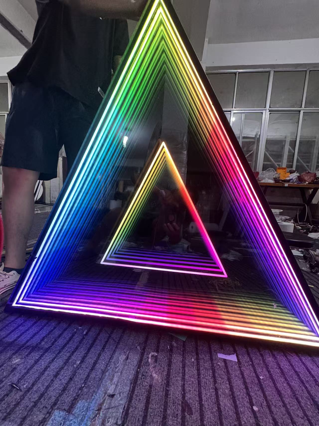 Rainbow Triangle Infinity Mirror Wall Art – LED Geometric Illusion Lig